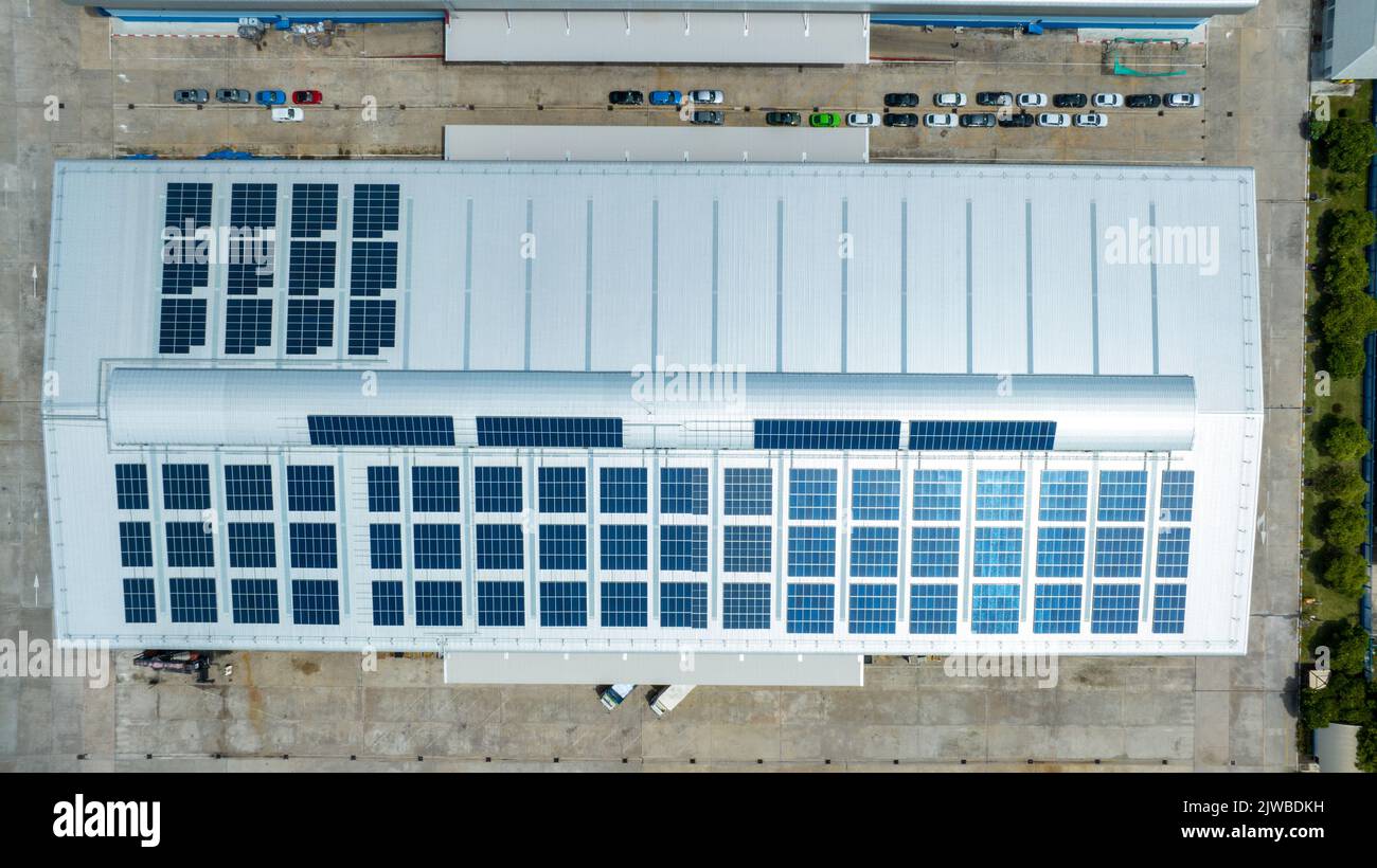 Top view Solar Cell on Warehouse Factory. Solor photo voltaic panels ...