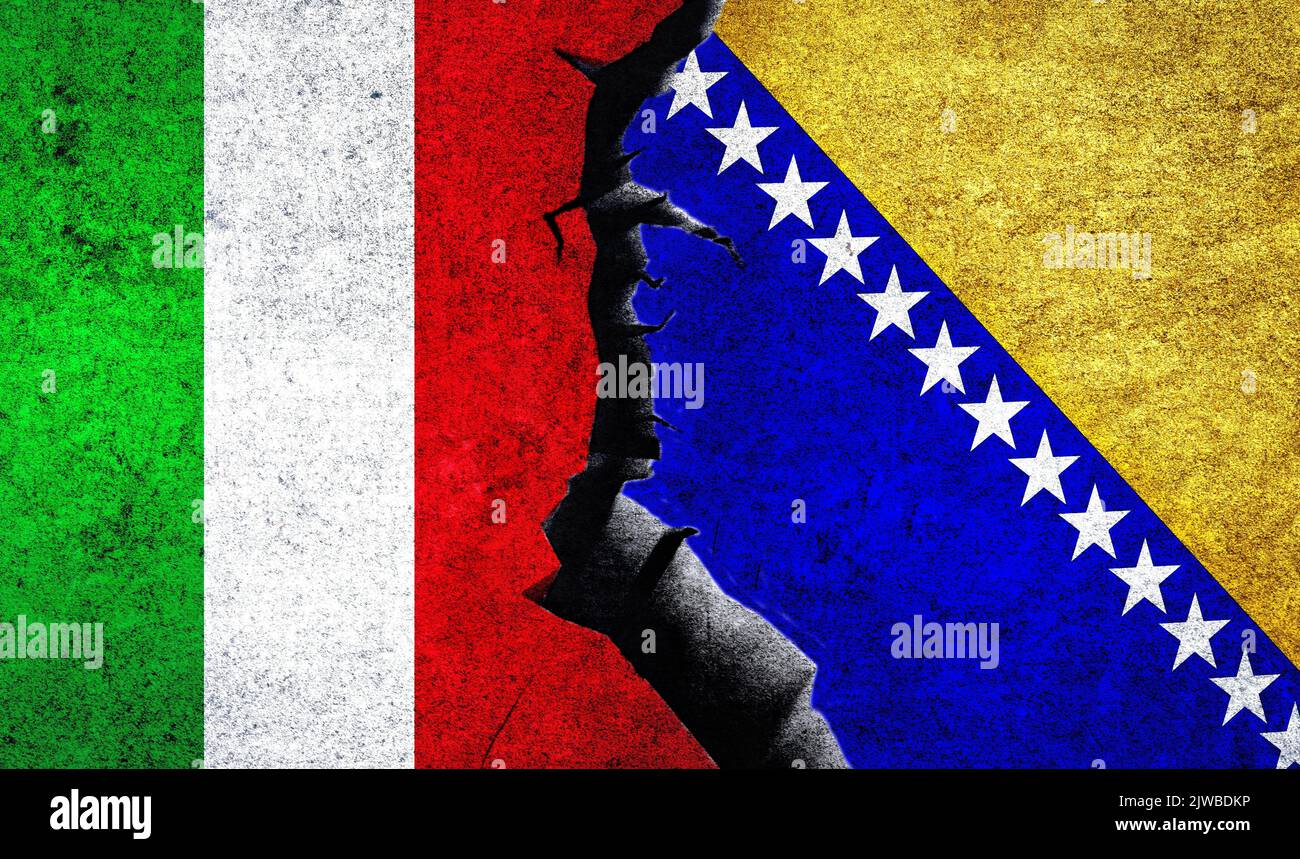Italy vs Bosnia and Herzegovina flags on a wall with crack. Italy ...