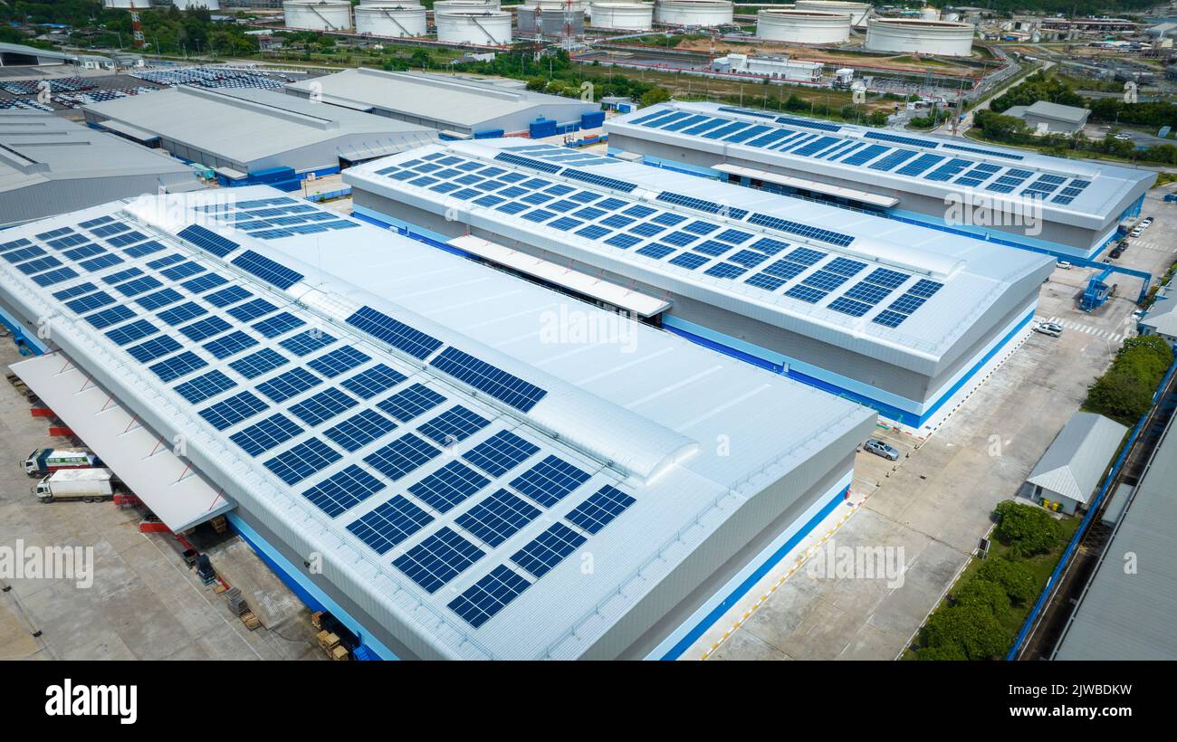 Top view Solar Cell on Warehouse Factory. Solor photo voltaic panels ...