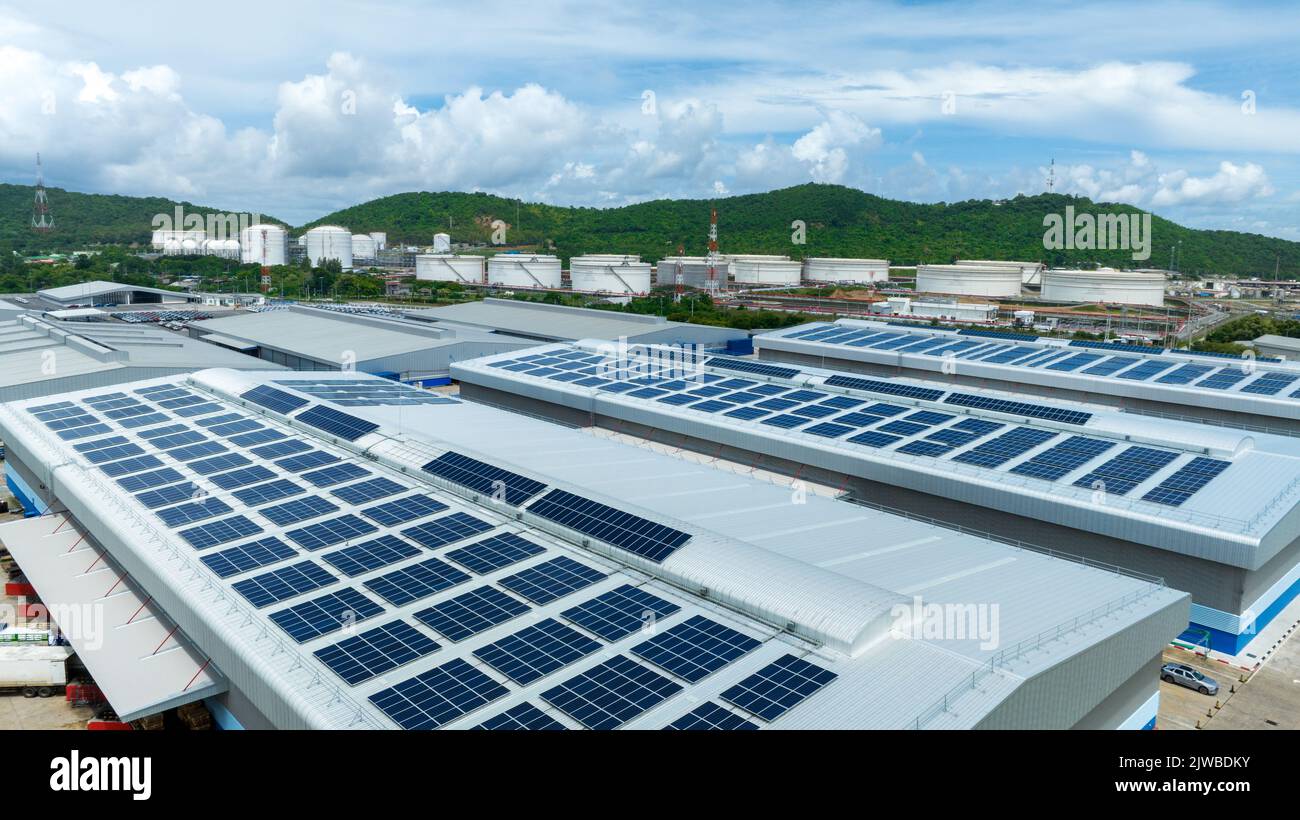 Top view Solar Cell on Warehouse Factory. Solor photo voltaic panels ...