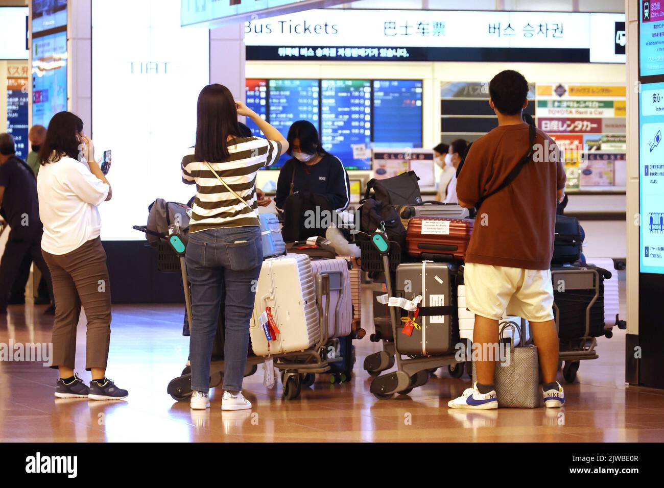 Tokyo, Japan. 5th Sep, 2022. Tourists arrive at Tokyo's Haneda airport ...