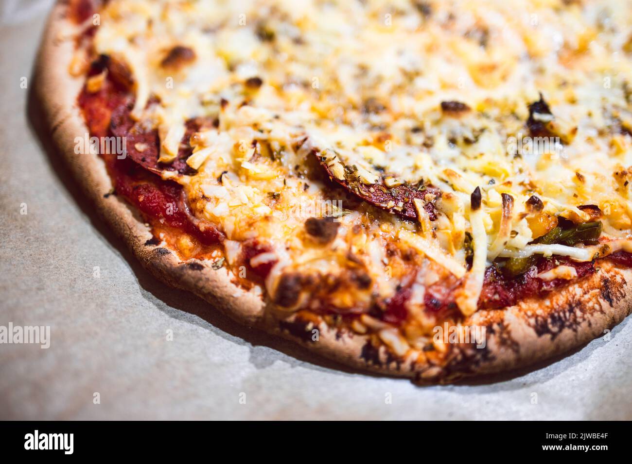 plant-based homemade pizza with vegan salami slices, healthy vegan food ...