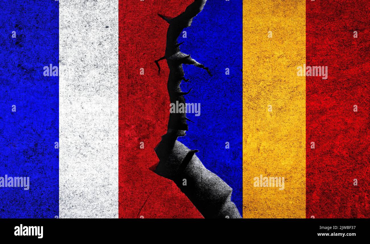 France vs Chad flags on a wall with crack. Chad France relations ...