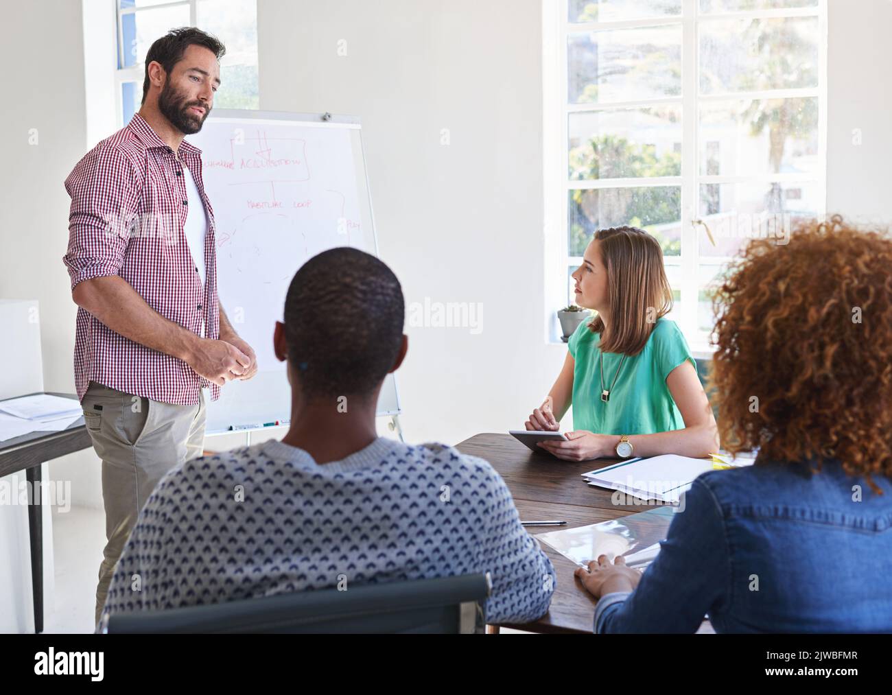 Any questions so far. a young businessman giving a presentation to his ...