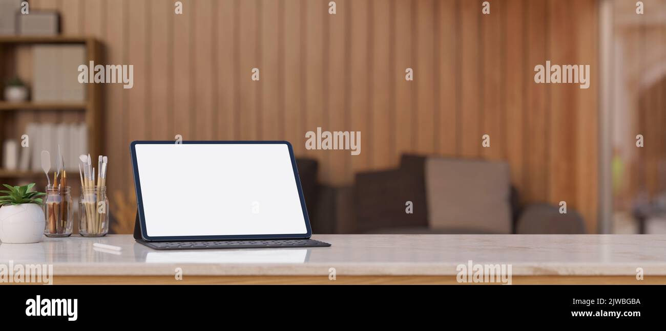Portable digital tablet white screen mockup with wireless keyboard ...