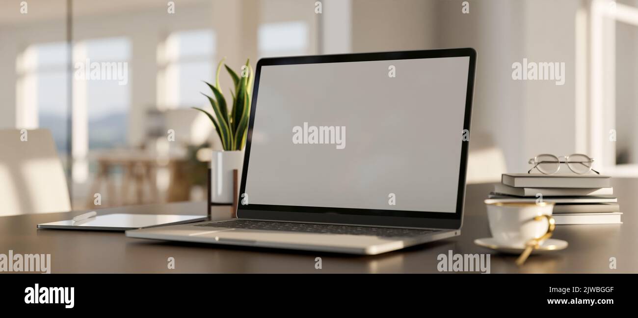 Notebook laptop computer white screen mockup, coffee cup, book, tablet ...