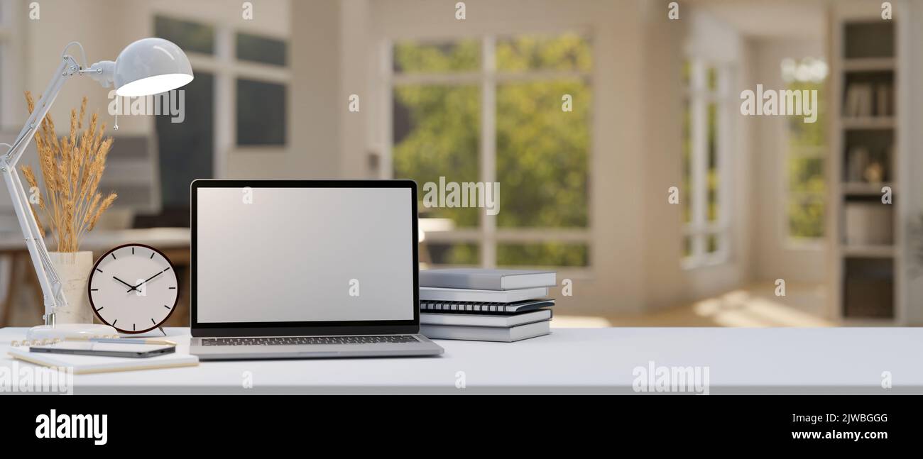 Workspace Tabletop With Notebook Laptop White Screen Mockup Table Lamp