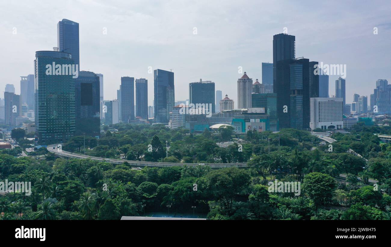 Aerial view of the city traffics at semanggi Roundabout, Jakarta ...