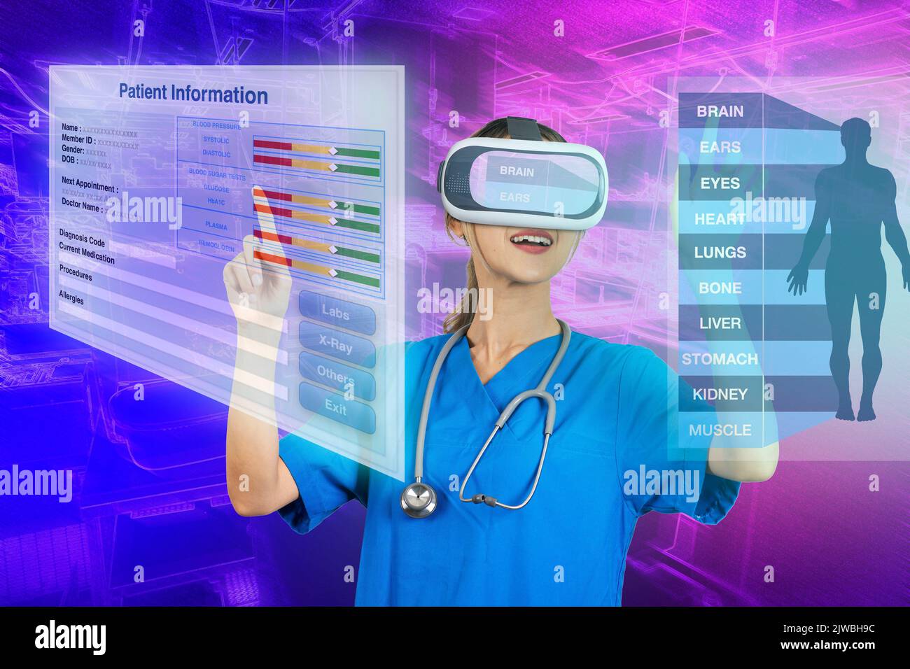 Female doctor wearing 3D virtual reality glasses examining patient data ...