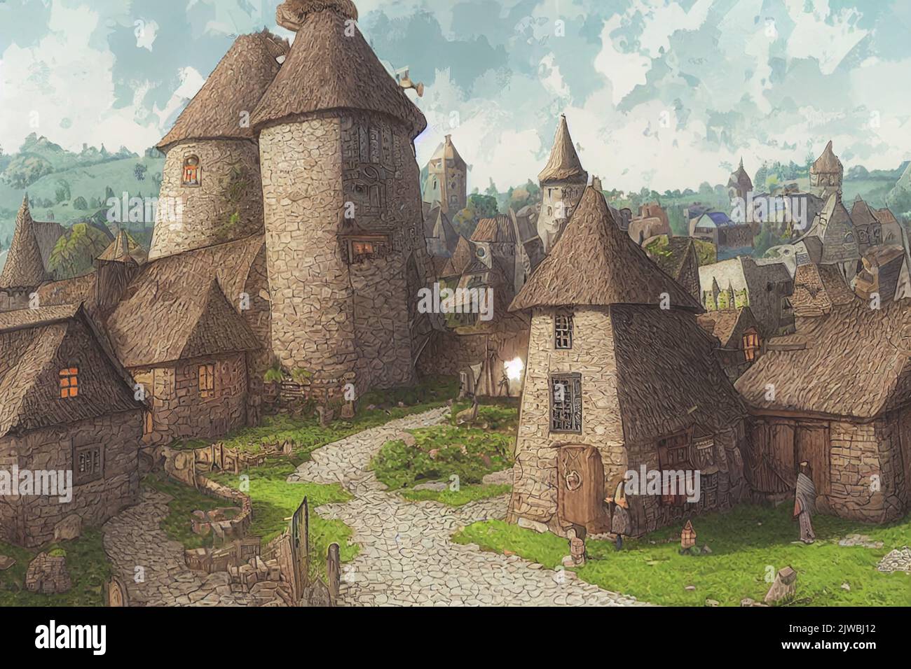 3D render of fantasy medieval village with a lot of buildings. Digital ...