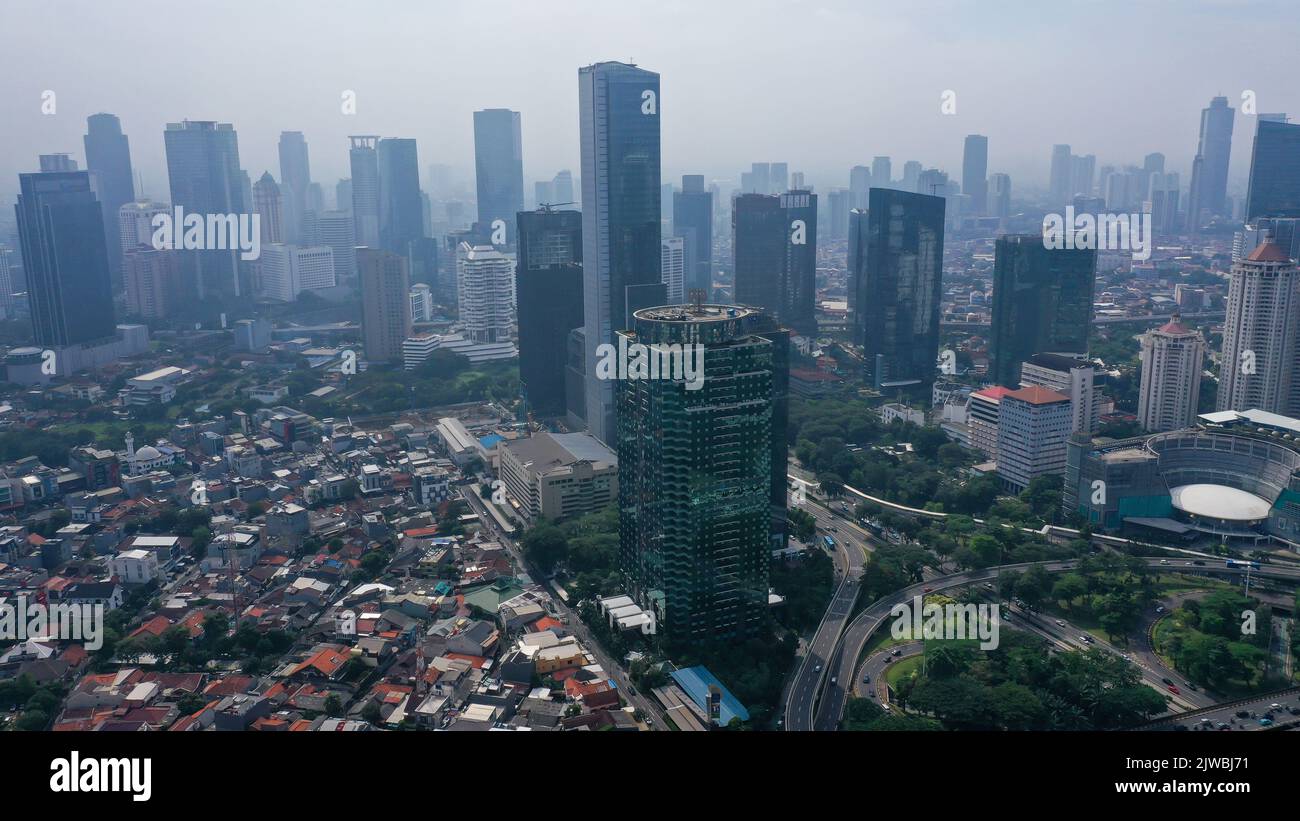 Rows of high-rise buildings are immortalized from a height in Jakarta ...