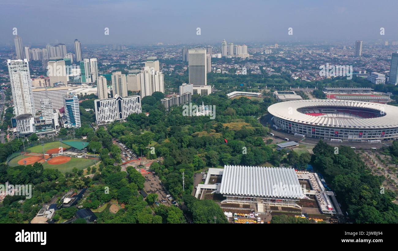 Beautiful scenery of Senayan Stadium under blue sky with Jakarta ...