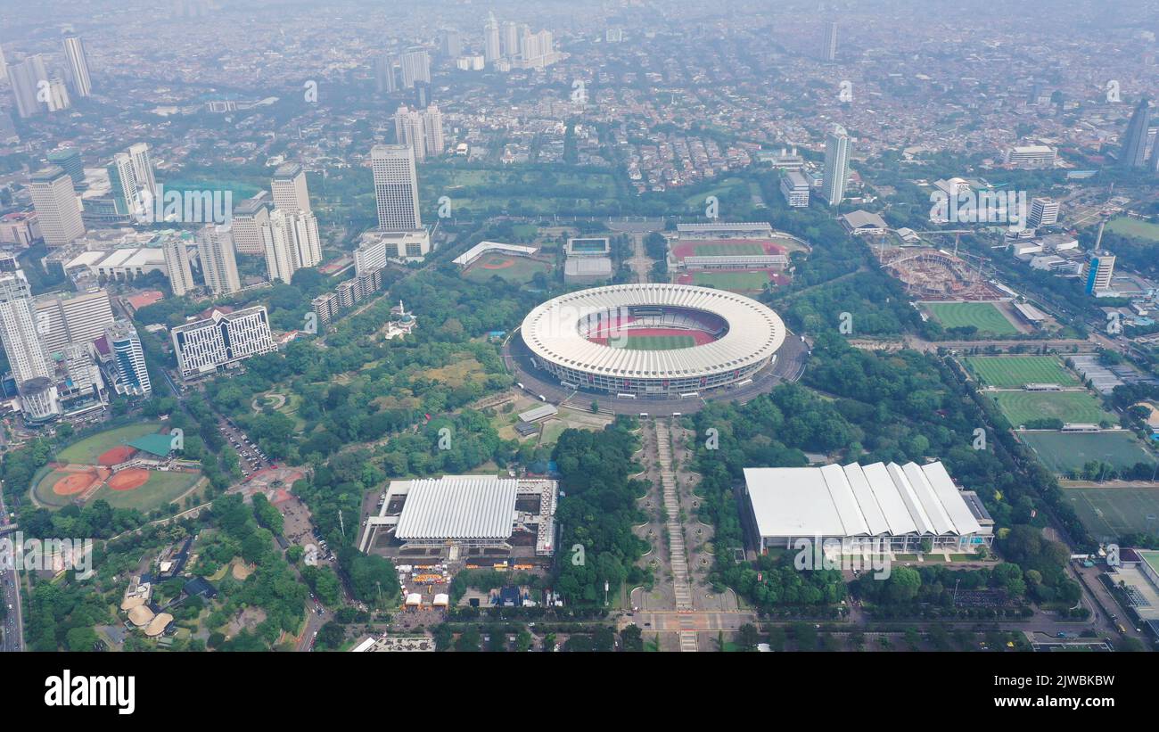 Beautiful scenery of Senayan Stadium under blue sky with Jakarta ...