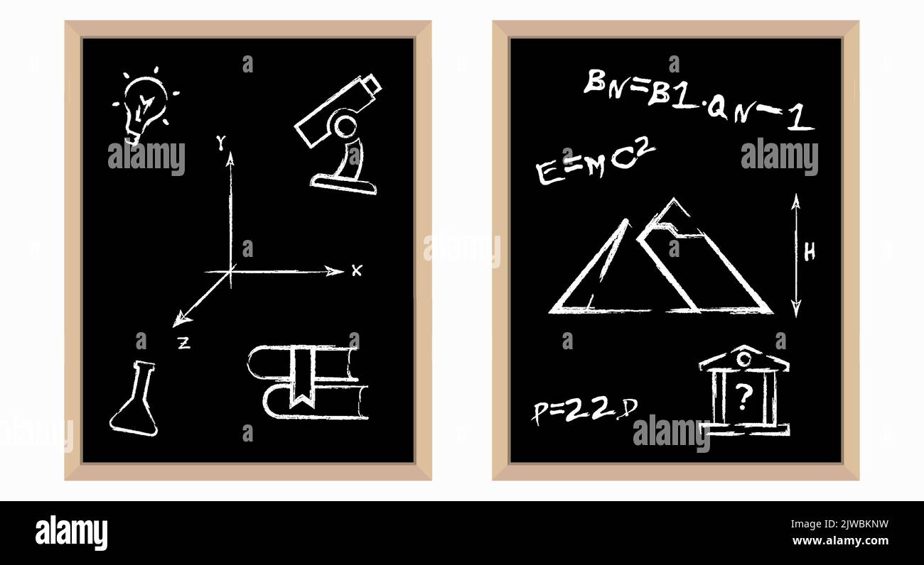 Black board with mathematical formulas and graphs. School board in a ...