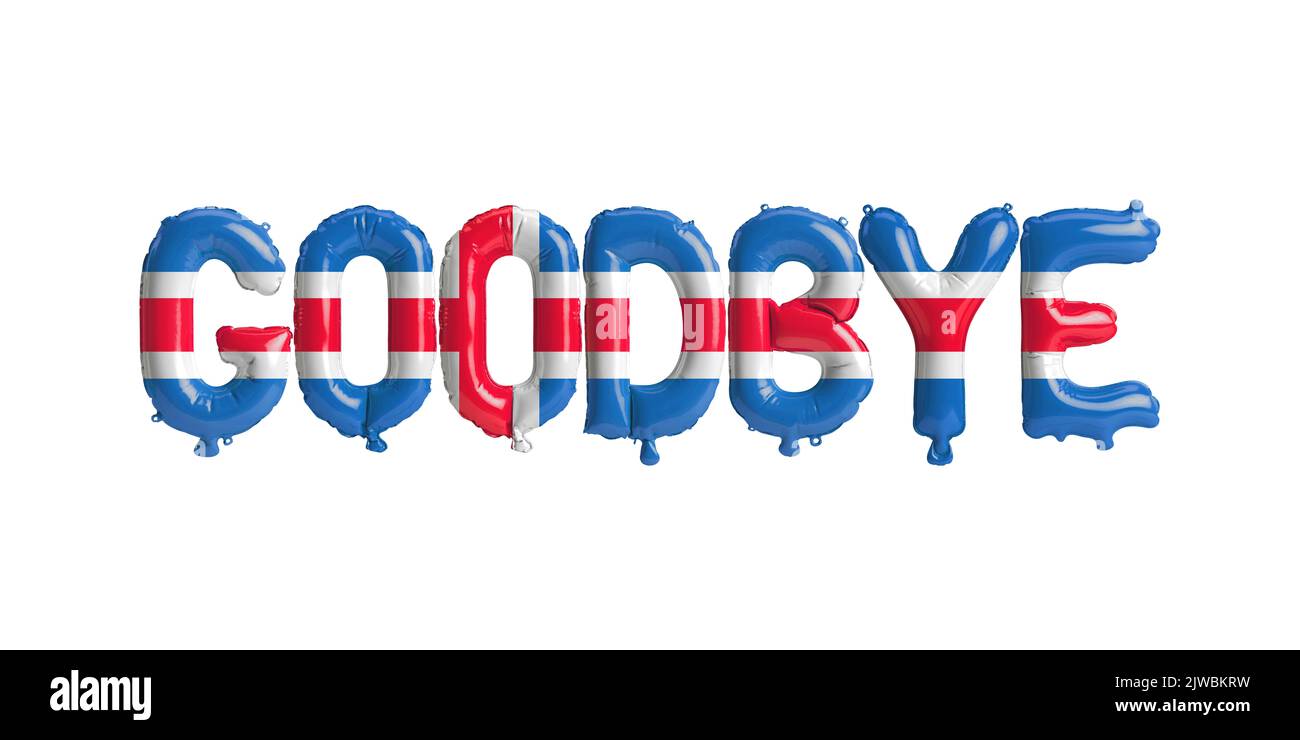 3d illustration of goodbye letter balloon in Iceland flag isolated on ...