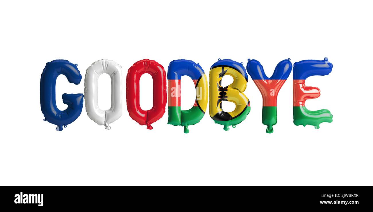 3d illustration of goodbye letter balloon in New Caledonia flag ...