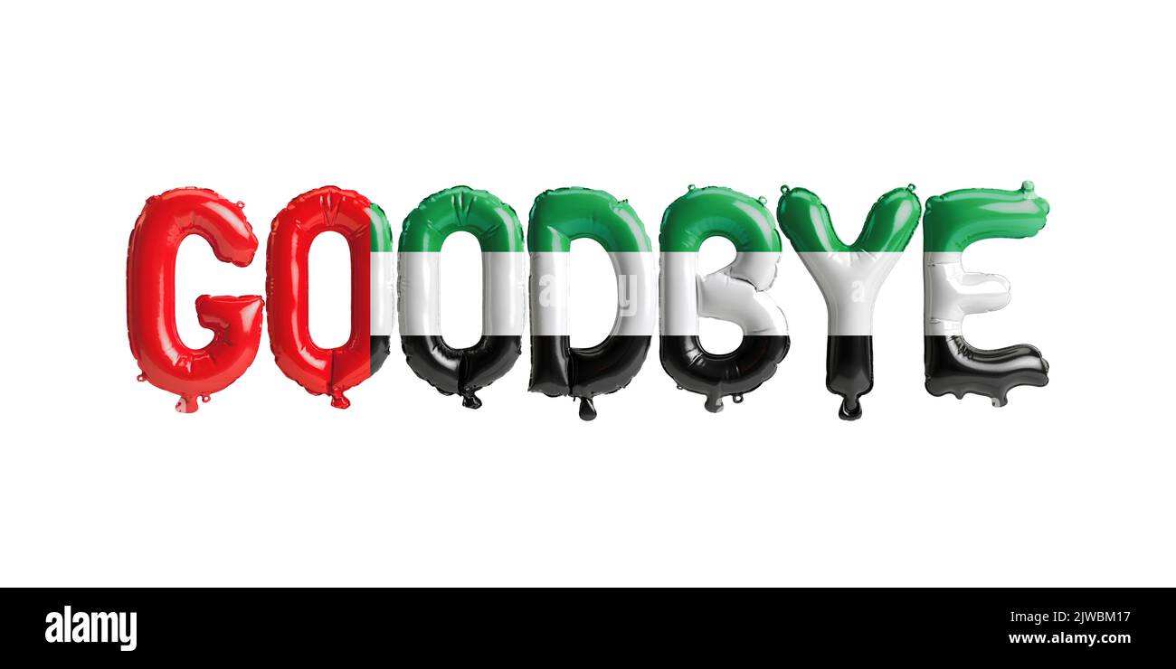 3d illustration of goodbye letter balloon in united arab emirates flag ...