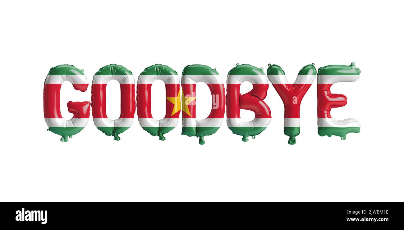 3d illustration of goodbye letter balloon in Suriname flag isolated on ...