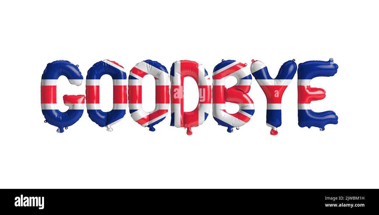 3d illustration of goodbye letter balloon in United Kingdom flag ...