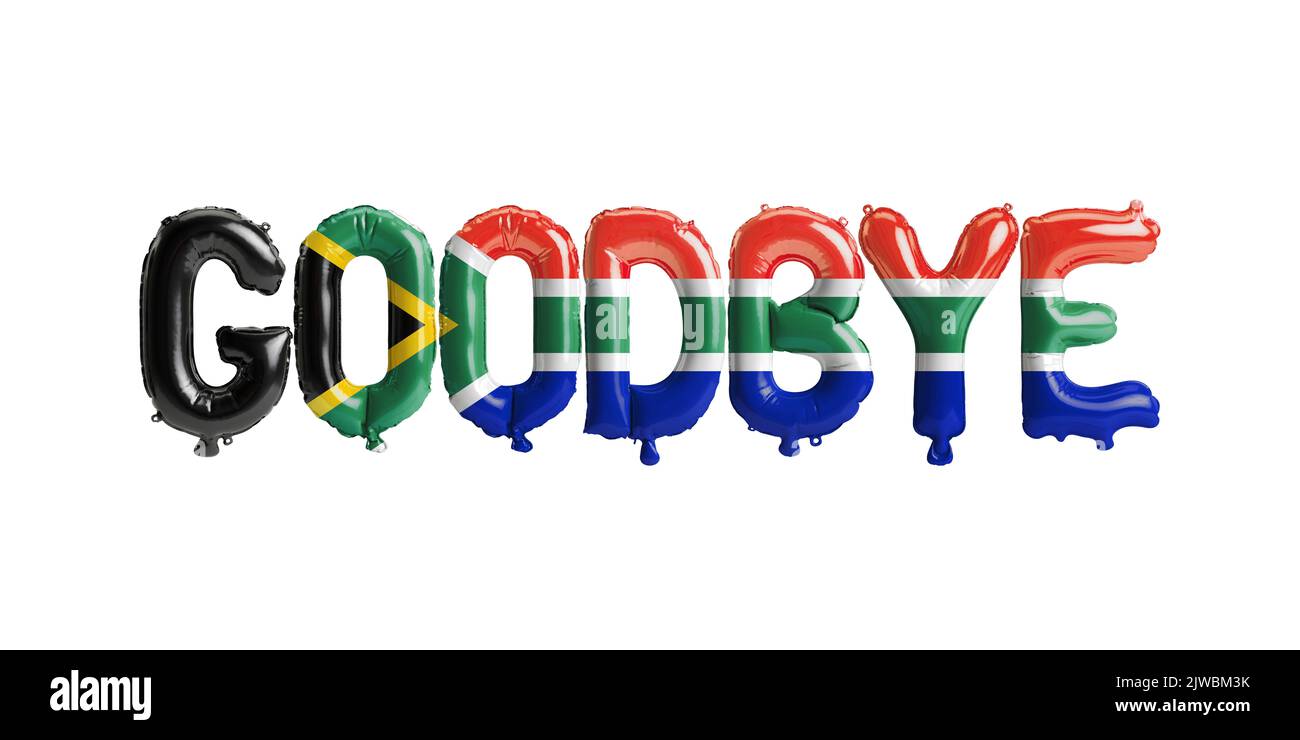 3d illustration of goodbye letter balloon in South Africa flag isolated ...