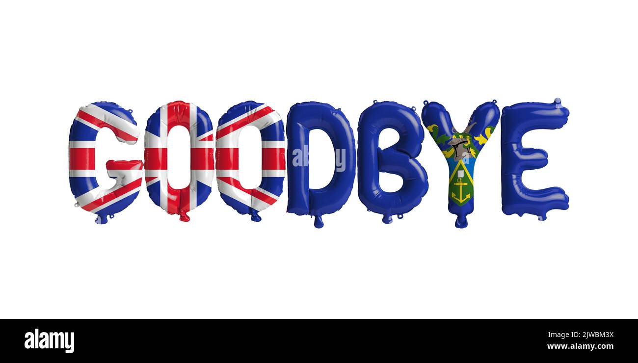 3d illustration of goodbye letter balloon in Pitcairn Islands flag ...