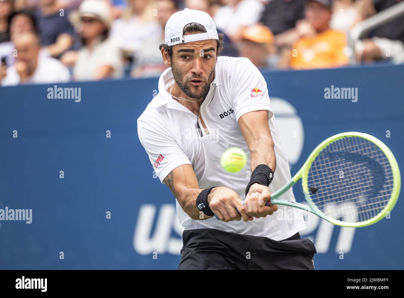 New York, NY - September 4, 2022: Matteo Berrettini of Italy returns ball during 4th round of US ...