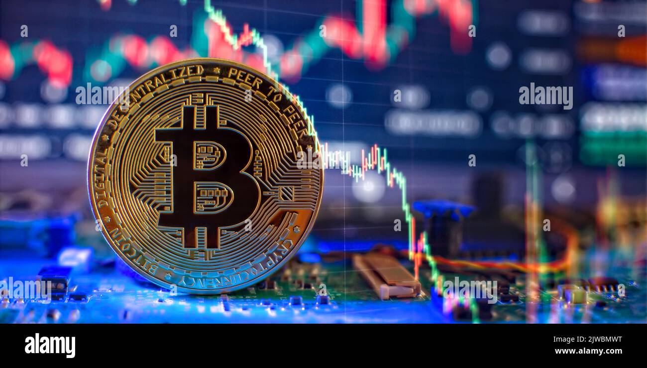 Blockchain technology bitcoin mining concept. Bitcoin golden coin on ...