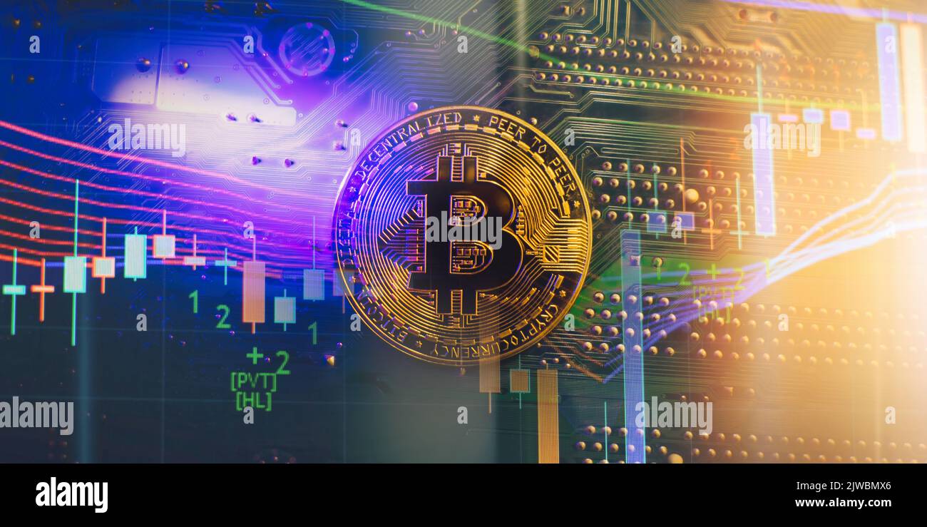 Cryptocurrency concept , Golden bitcoin on mainboard , The future of ...