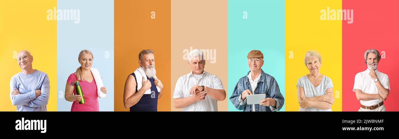 Collection of different elderly people on color background Stock Photo ...