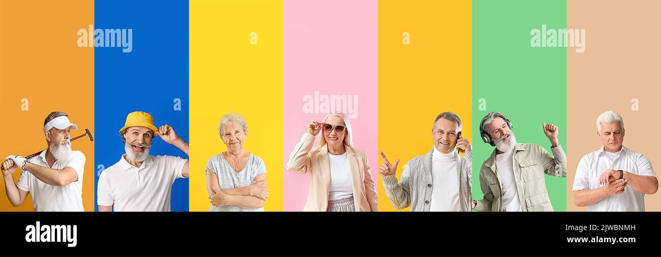 Group of different elderly people on color background Stock Photo - Alamy