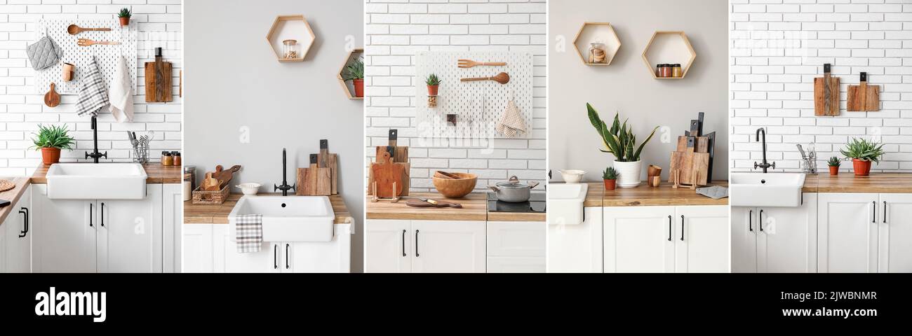 Collage of light interiors of modern kitchen with utensils Stock Photo ...
