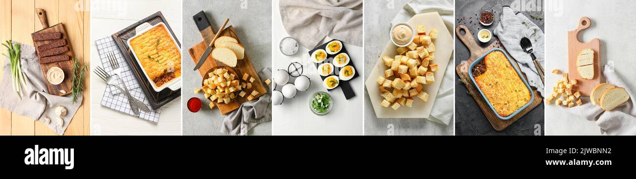 Collage of boards with different food, top view Stock Photo - Alamy