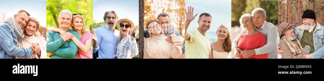 Collage with happy mature and elderly couples outdoors Stock Photo - Alamy