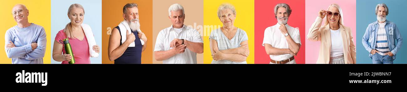 Collage of elderly people on color background Stock Photo - Alamy