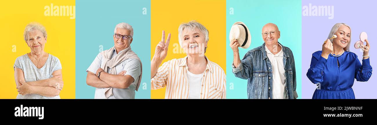Collage of happy elderly people on color background Stock Photo - Alamy