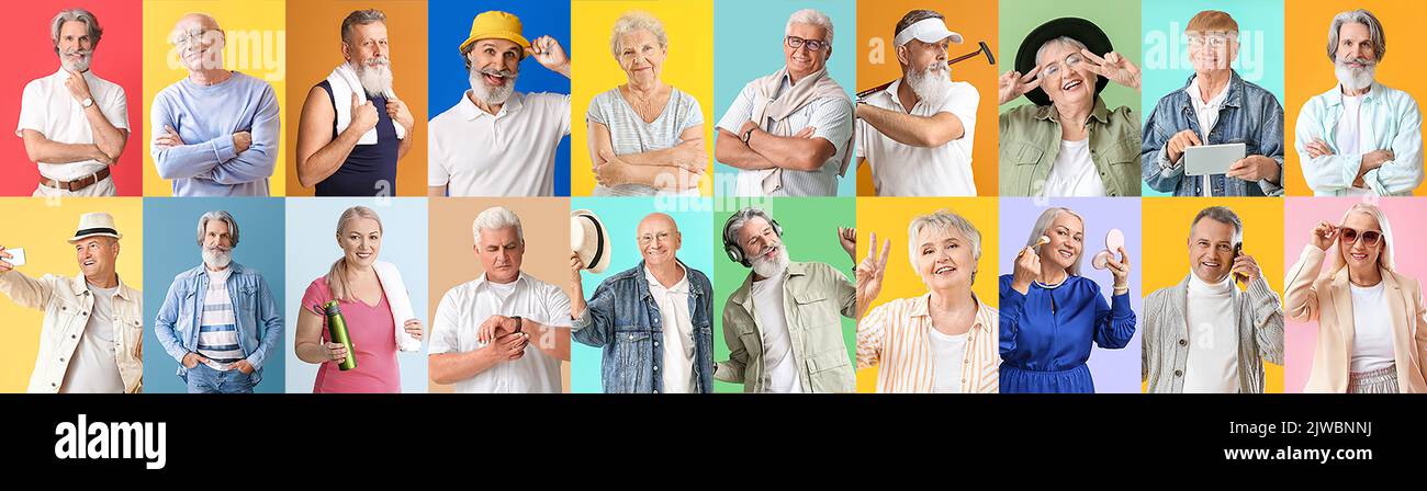 Collage of different elderly people on color background Stock Photo - Alamy