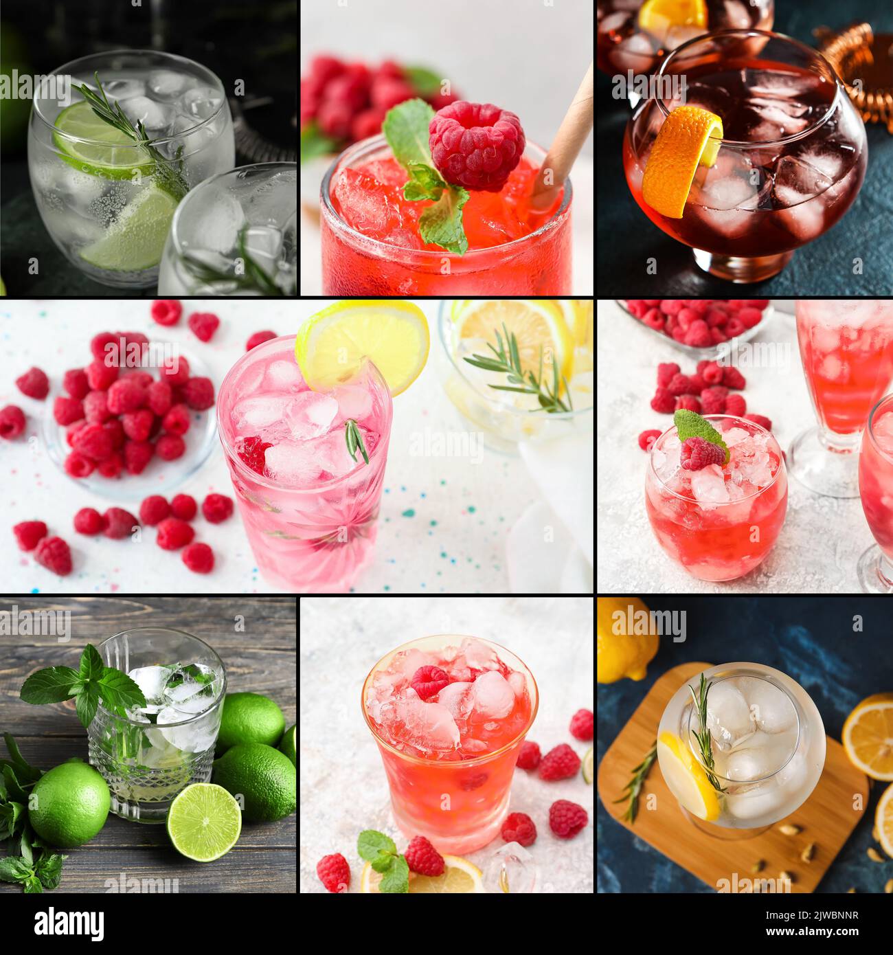 Collection of refreshing beverages on table Stock Photo - Alamy