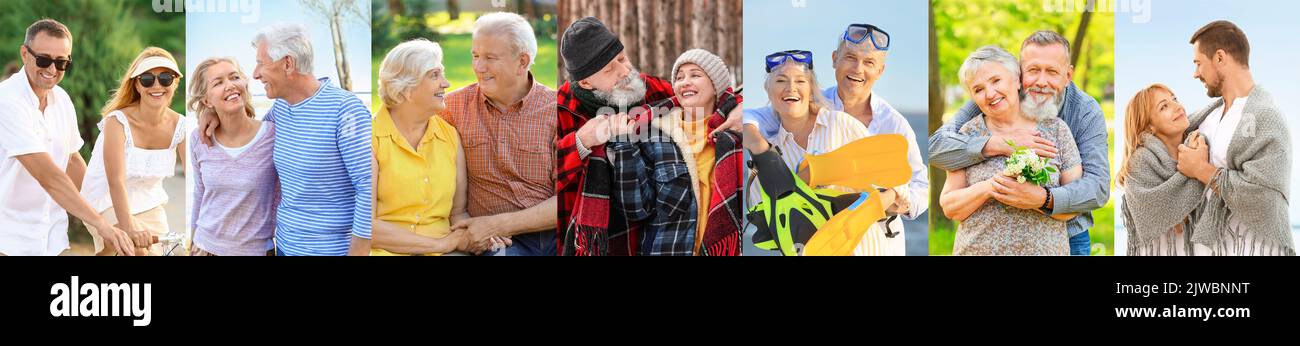 Collage with happy mature and elderly couples outdoors Stock Photo - Alamy