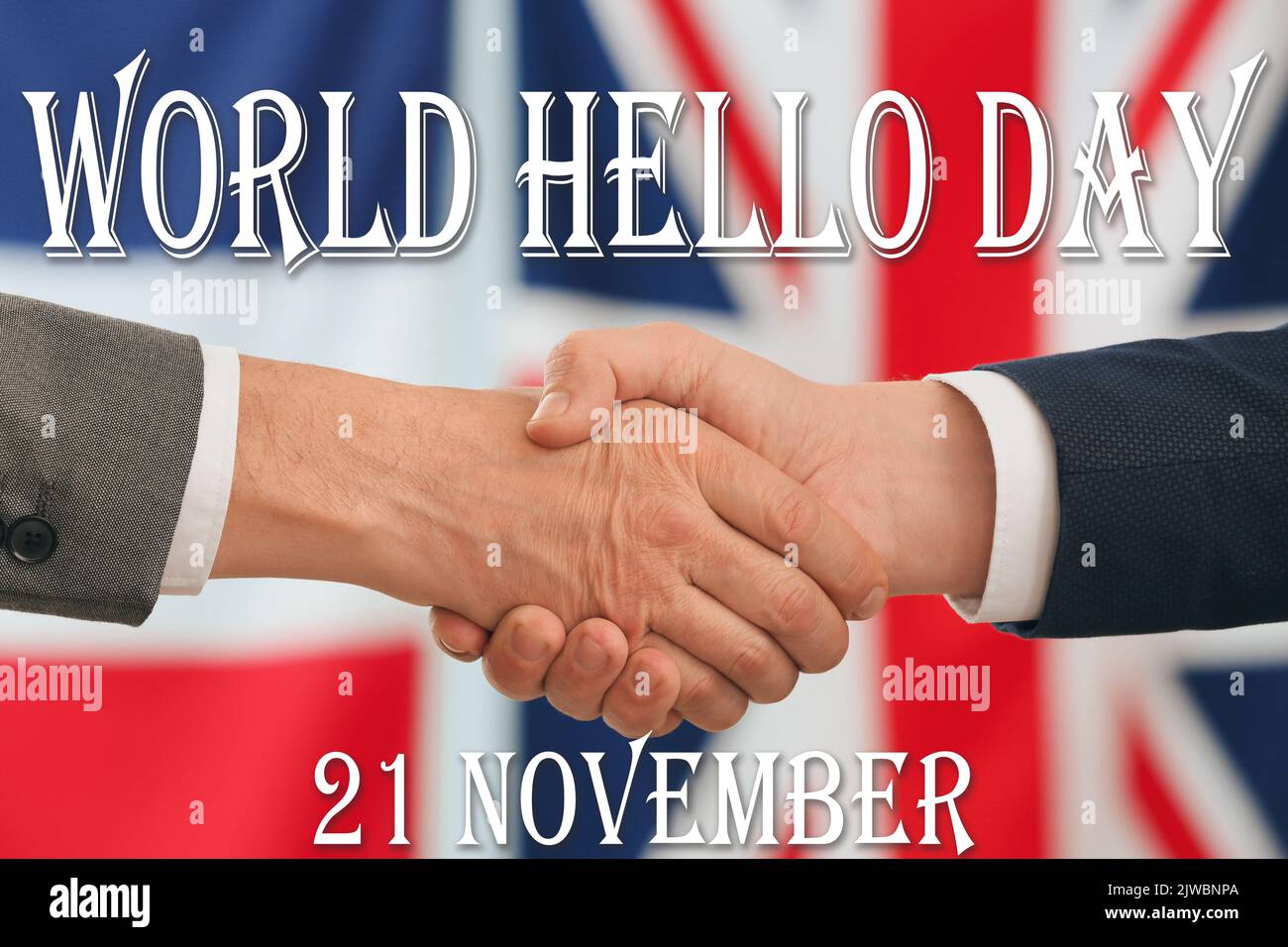 Businessmen handshaking against flags. World Hello Day Stock Photo - Alamy