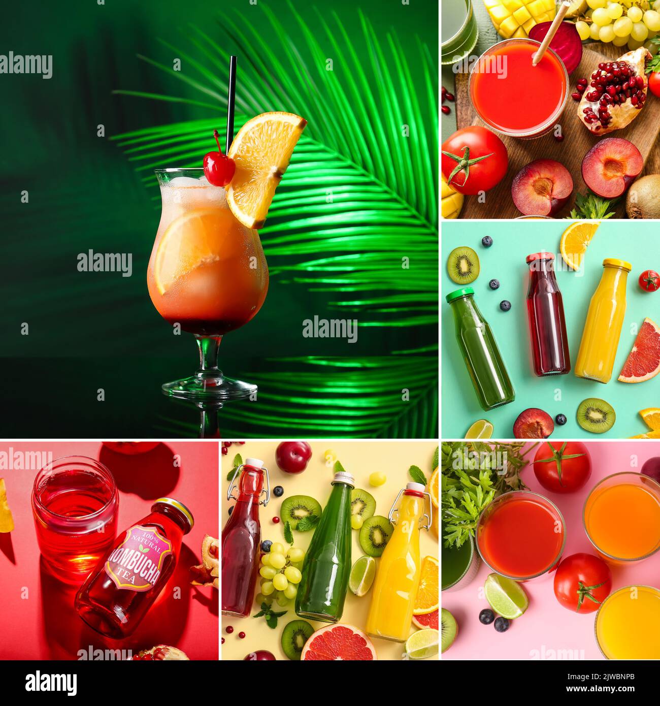 Collection of refreshing beverages on color background Stock Photo - Alamy