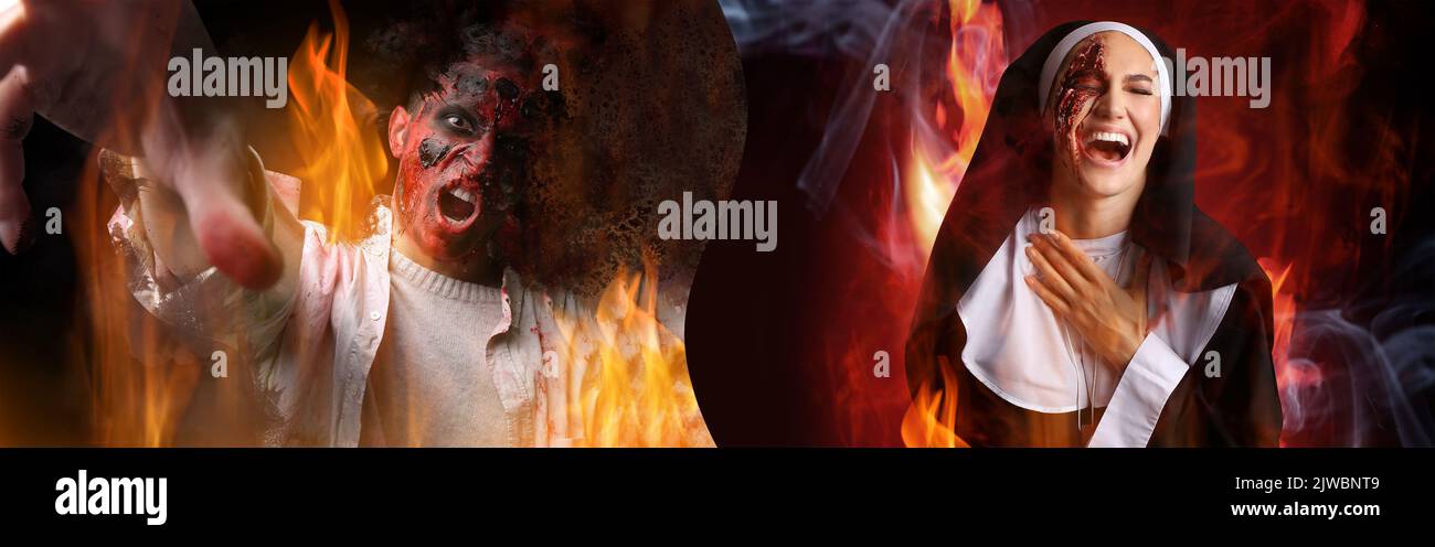 Collage with people dressed for Halloween and fire on dark background ...