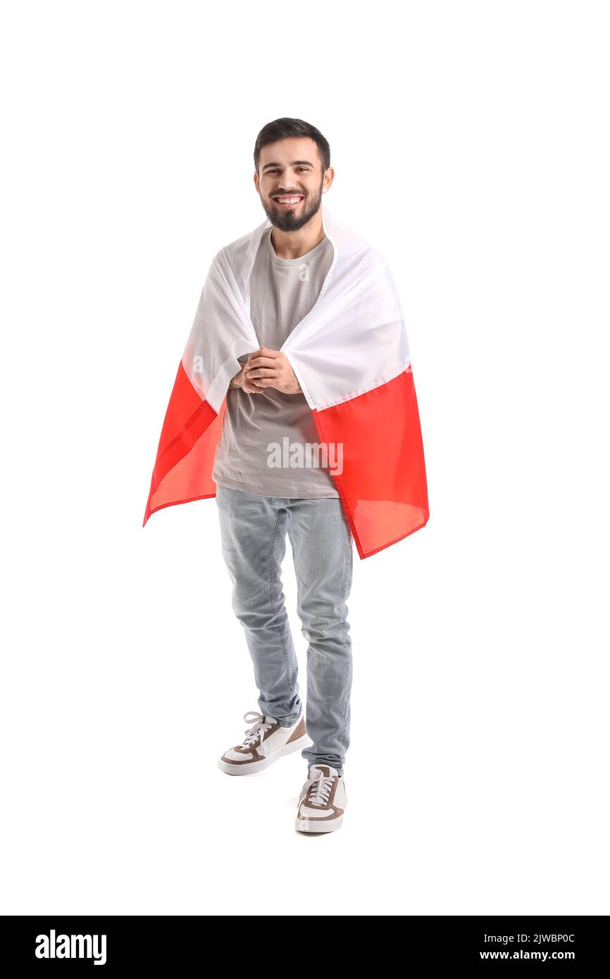 Handsome young man with flag of Poland isolated on white Stock Photo ...