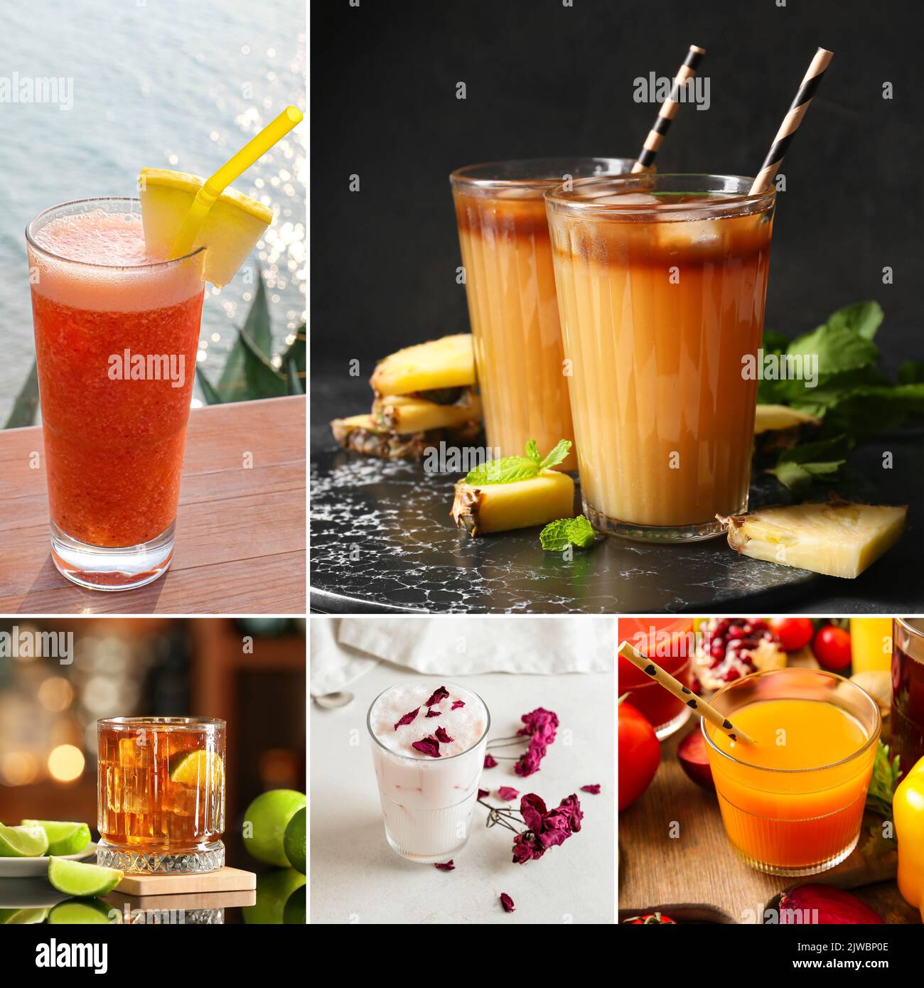 Set of delicious beverages on table Stock Photo - Alamy