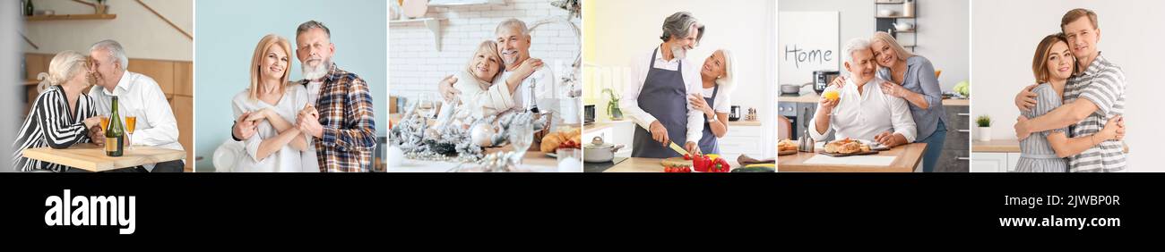 Collage with happy mature and elderly couples at home Stock Photo - Alamy
