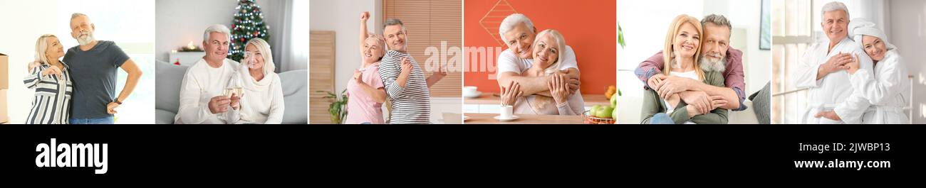 Collage with happy mature and elderly couples at home Stock Photo - Alamy