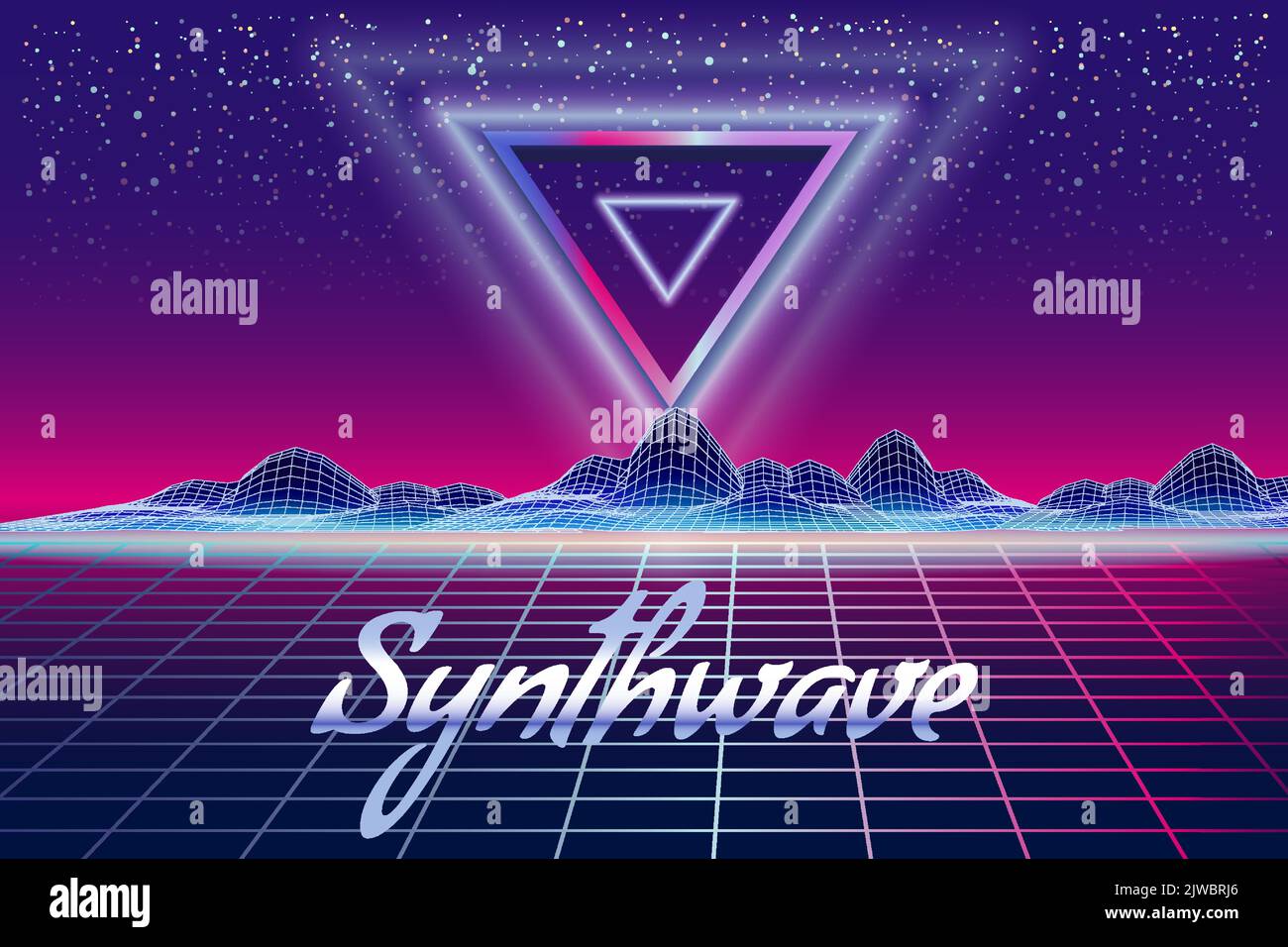 Synthwave retro banner vaporwave aesthetic background. Mountains triangle grid 3d, sunset 80's ...