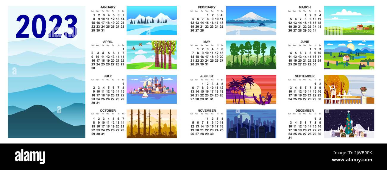 2023 Calendar landscape natural backgrounds of four seasons Stock ...