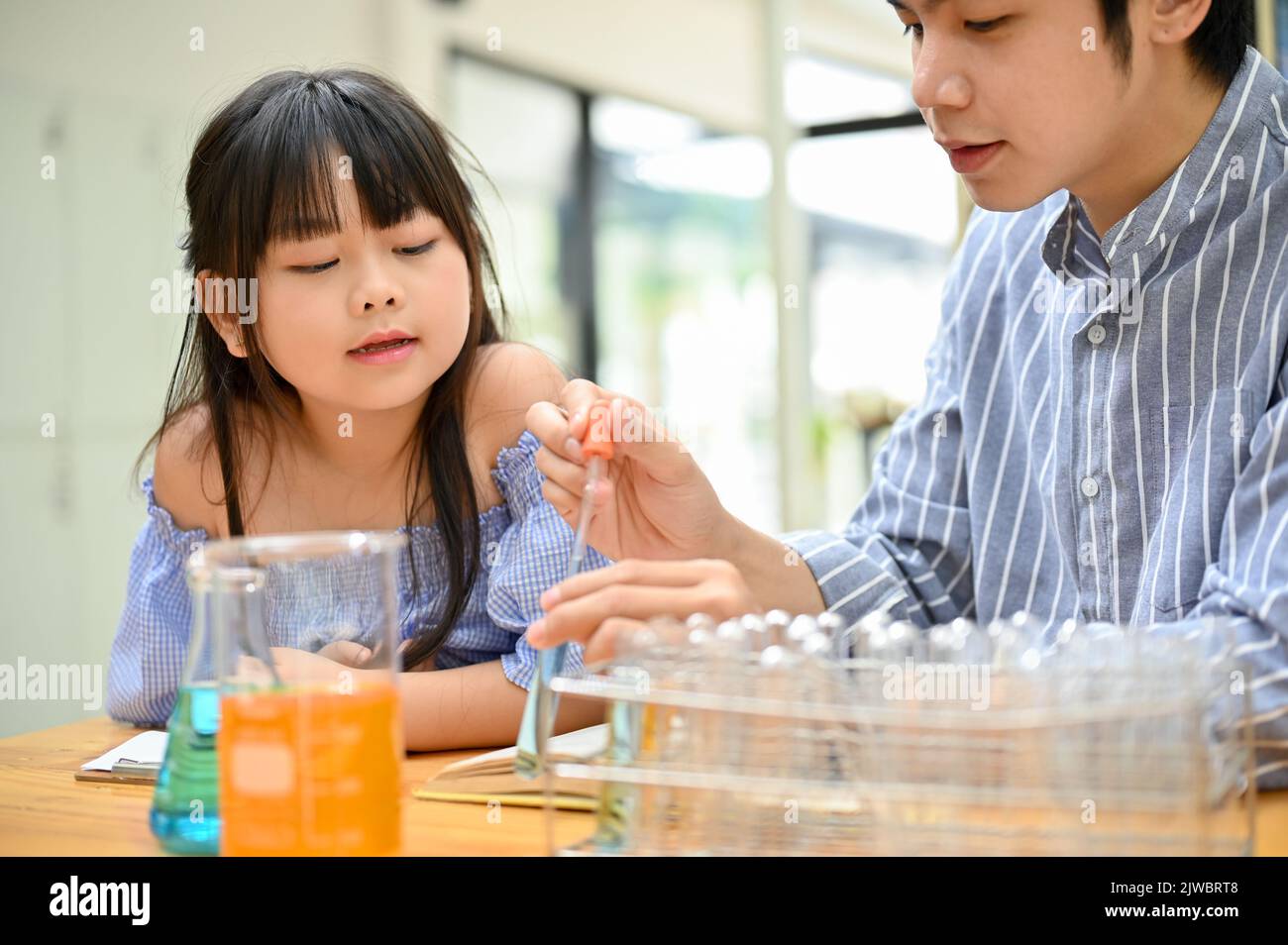Happy and lovely young Asian girl is concentrating, looking at her ...