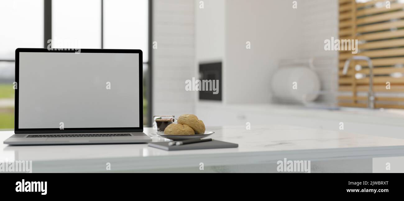 Portable laptop computer white screen mockup, coffee cup, bread and ...