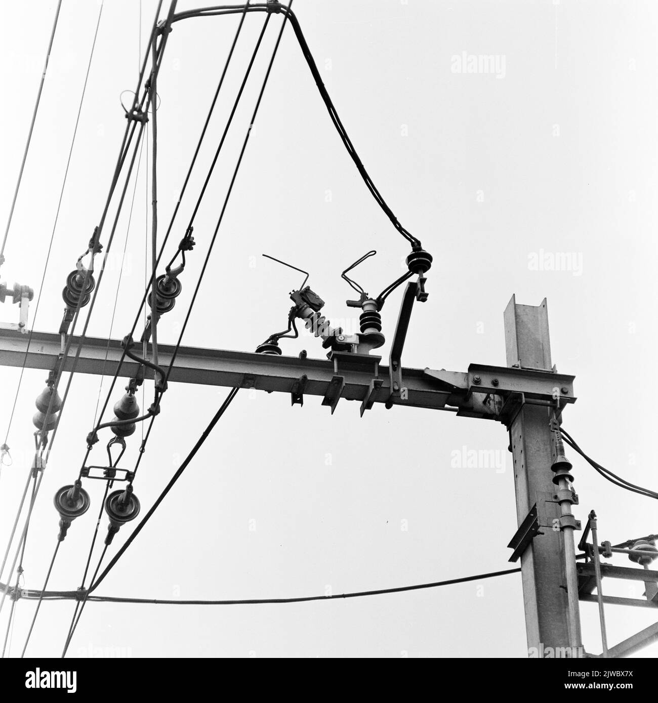 Detail of the overhead line of the railway line at Houten: power supply ...
